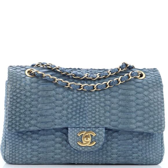 CHANEL | Bags | Chanel Classic Double Flap Bag Python Medium Blue ...